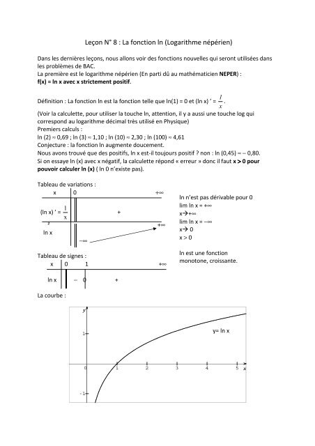 Leçon N° 8 : La fonction ln (Logarithme népérien) Leçon N° 8 : La fonction ln (Logarithme népérien)