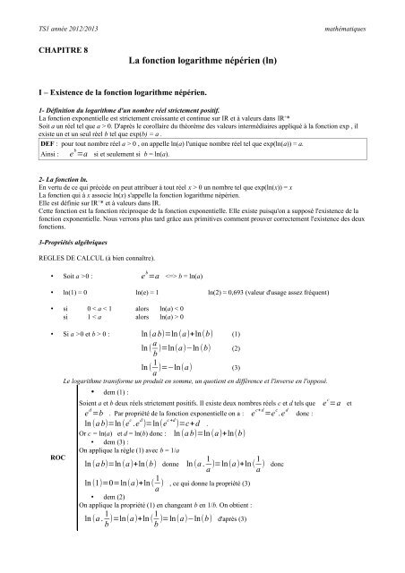 La fonction logarithme népérien (ln) La fonction logarithme népérien (ln)