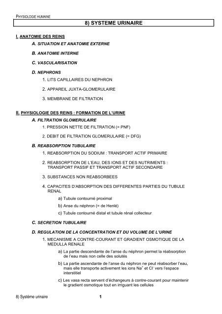 Anatomie et physiologie du systeme urinaire