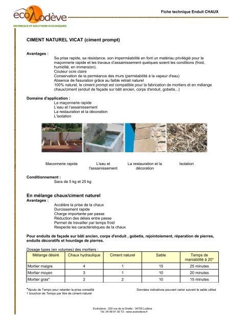 CIMENT NATUREL VICAT (ciment prompt) En mélange ... - Ecolodeve