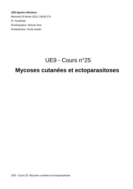 UE9 - Cours n°25 Mycoses cutanées et ectoparasitoses