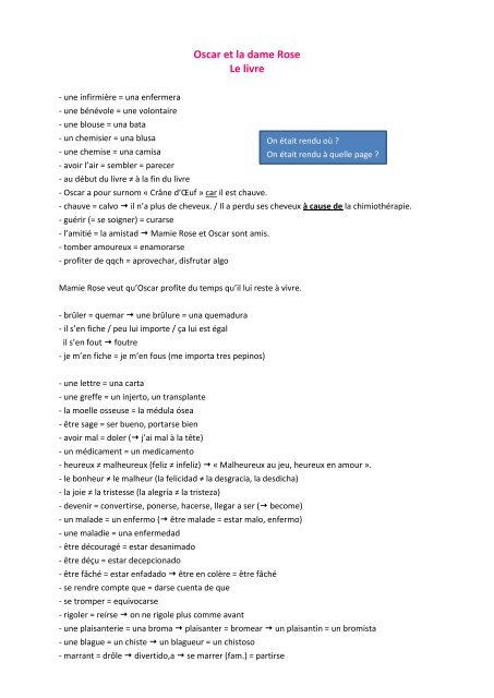 Oscar et la dame Rose – Apuntes clase - toutenfrancais