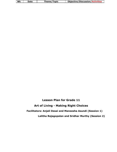 Lesson Plan for Grade 11 Art of Living - Making Right Choices