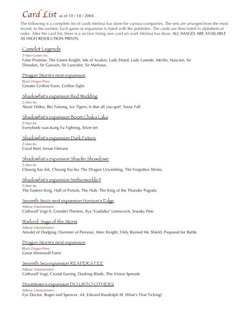 Card List - Melissa Benson