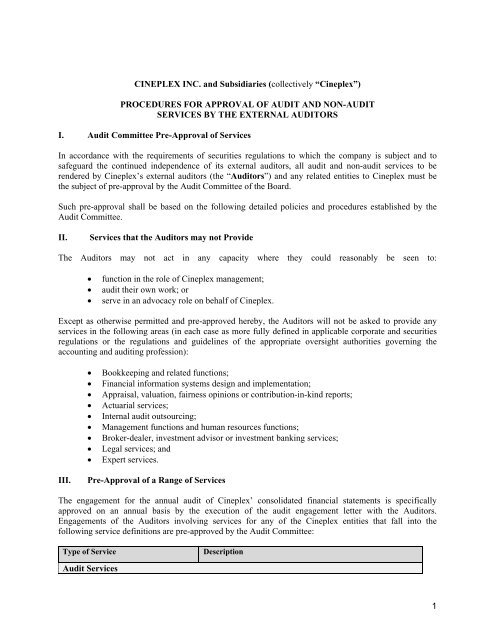 PROCEDURES FOR APPROVAL OF AUDIT AND ... - at Cineplex.com