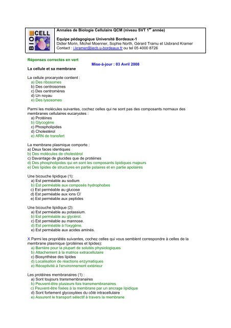 Annales de Biologie Cellulaire QCM (niveau SVT 1er année ...