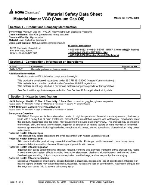 Material Safety Data Sheet Material Name: VGO (Vacuum Gas Oil