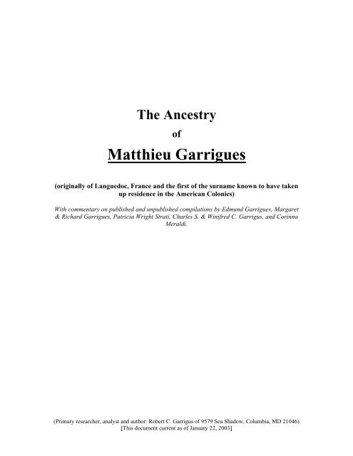 The Ancestry of Matthieu Garrigues - Smith/Williams Family History