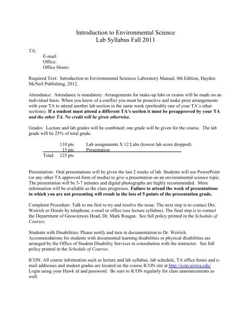 Introduction to Environmental Science Lab - Department of ... Introduction to Environmental Science Lab - Department of ...