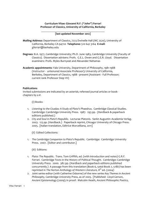 Curriculum Vitae: Giovanni RF - California, Berkeley University of ...