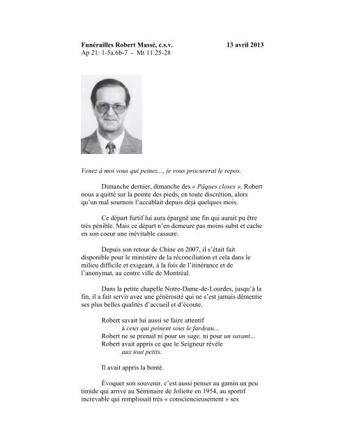 Jacques Houle aux funérailles de Robert Massé