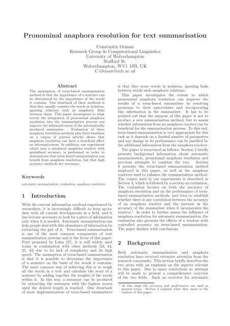 Pronominal anaphora resolution for text summarisation