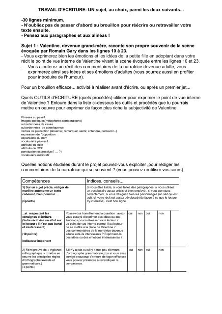 TRAVAIL D'ECRITURE: UN sujet, au choix, parmi les deux suivants ...