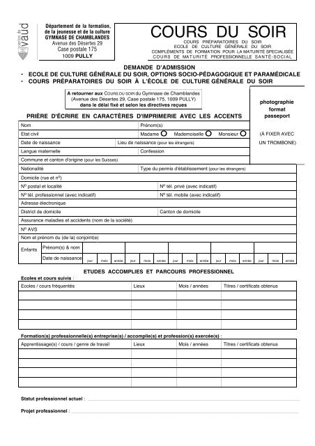 formulaire d'inscription aux cours préparatoires - Gymnase de ...