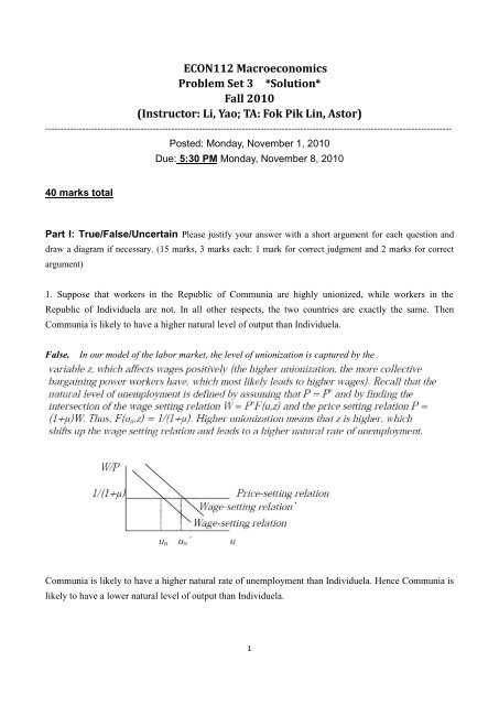 ECON112 Macroeconomics Problem Set 3 *Solution* Fall 2010 ...