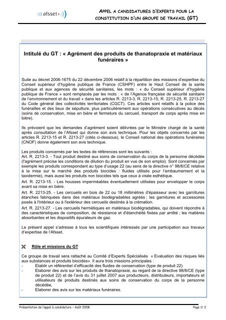 Agrément des produits de thanatopraxie et matériaux ... - Afsset