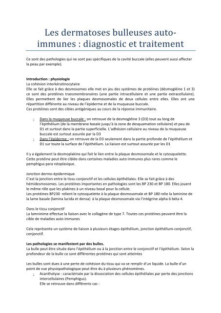Les dermatoses bulleuses auto-‐ immunes : diagnostic et traitement