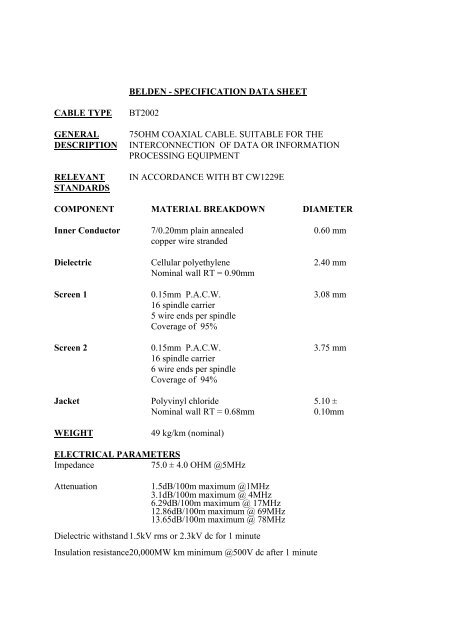 belden - specification data sheet cable type bt2002 general ... - Farnell
