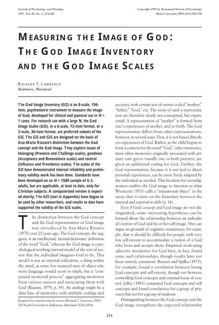The God Image Inventory and the God Image Scales. - Common ...