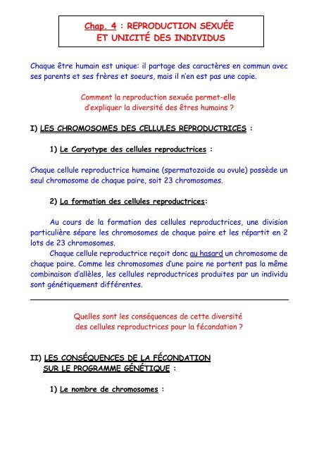 Chap 4 Reproduction SexuÉe Et UnicitÉ Des Individus