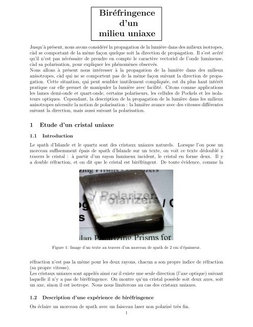 Biréfringence d'un milieu uniaxe - Site d'Olivier Sigwarth