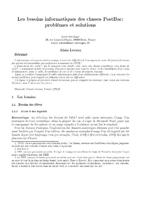 Les besoins informatiques des classes PostBac: probl mes et solutions