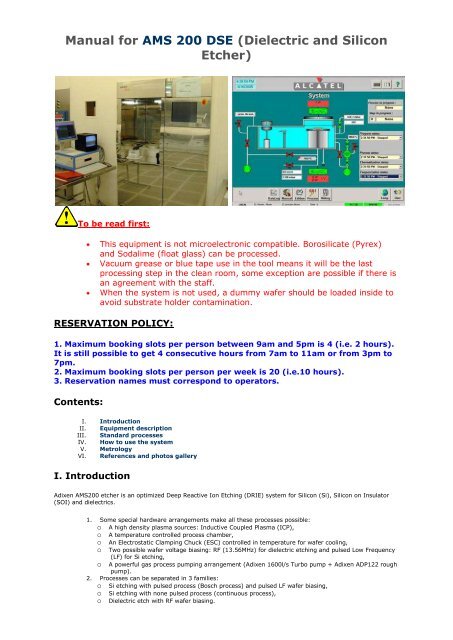 Manual for AMS 200 DSE (Dielectric and Silicon Etcher) - CMI