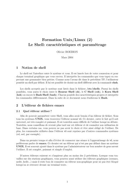 Formation Unixlinux 2 Le Shell Caractéristiques Et Paramétrage