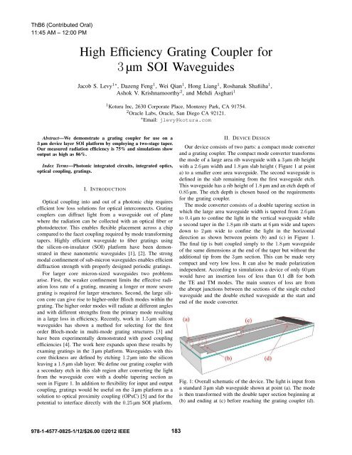 High Efficiency Grating Coupler for3µm SOI Waveguides - Kotura