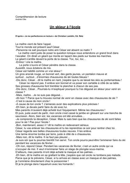 Compréhension de lecture Un skieur à l'école - Professeur Phifix