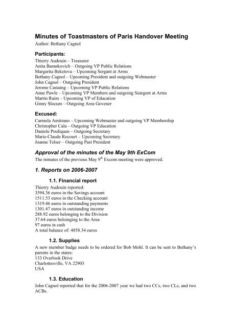 Minutes of Toastmasters of Paris Handover Meeting