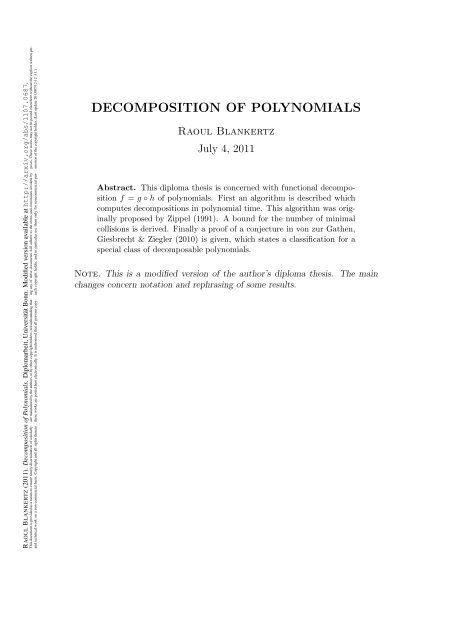 DECOMPOSITION OF POLYNOMIALS - b-it cosec - Universität Bonn