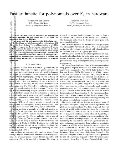 Fast Arithmetic For Polynomials Over F2 In Hardware B It Cosec