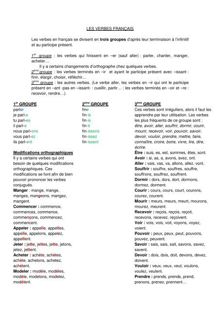 LES VERBES FRANÇAIS Les verbes en français se divisent en trois ...