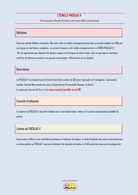 L'ÉCHELLE PACSLAC-F Définition Description Conseils ... - l'Antalvite