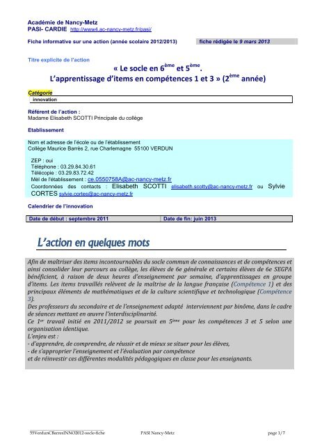 La fiche informative - Académie de Nancy-Metz