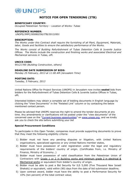 NOTICE FOR OPEN TENDER (ITB/RFP) - UNOPS