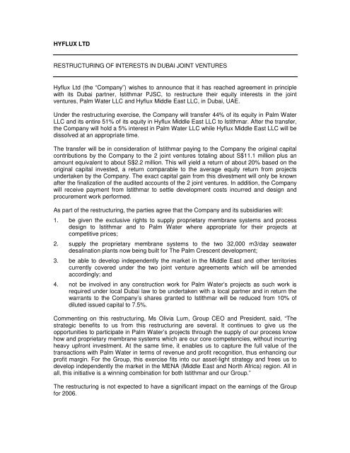 Restructuring Of Interests In Dubai Joint Ventures - Hyflux Ltd