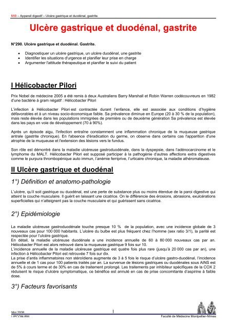 Ulcère gastrique et duodénal, gastrite - Faculté de médecine de ...