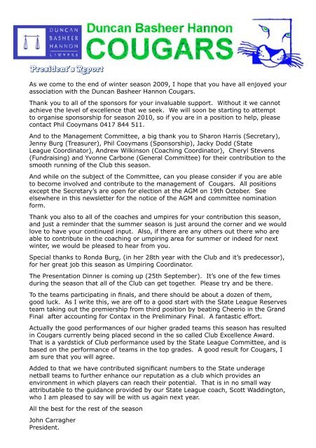 President's Report - Adelaide Cougars Netball Club