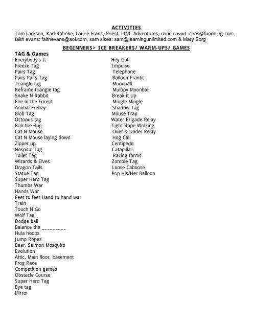 ACTIVITIES Tom Jackson, Karl Rohnke, Laurie Frank, Priest, LINC ...