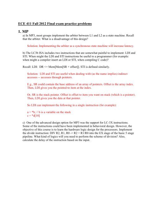 ECE 411 Fall 2012 Final exam practice problems