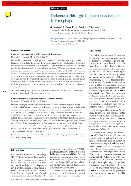Traitement chirurgical des troubles moteurs de l'œsophage - Espoire