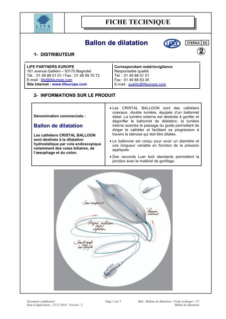 FICHE TECHNIQUE Ballon de dilatation - Life Partners Europe