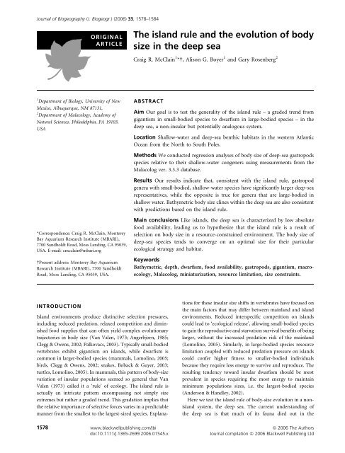 The island rule and the evolution of body size in ... - Craig R. McClain