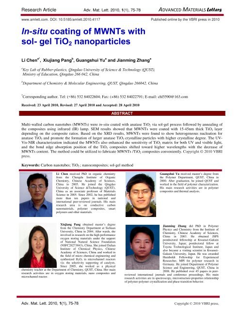 In-situ coating of MWNTs with sol- gel TiO2 nanoparticles