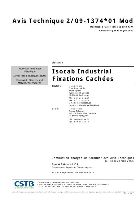 Avis Technique 2/09-1374*01 Mod Isocab Industrial ... - CSTB