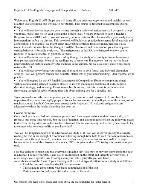 AP English Language And Composition Grade 11 Sample Syllabus