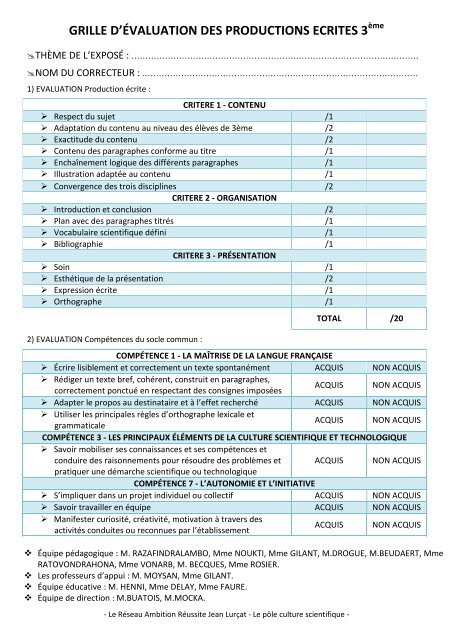 Grille d'évaluation Exposé Ecrits Science Prof - Collège Jean Lurçat ...