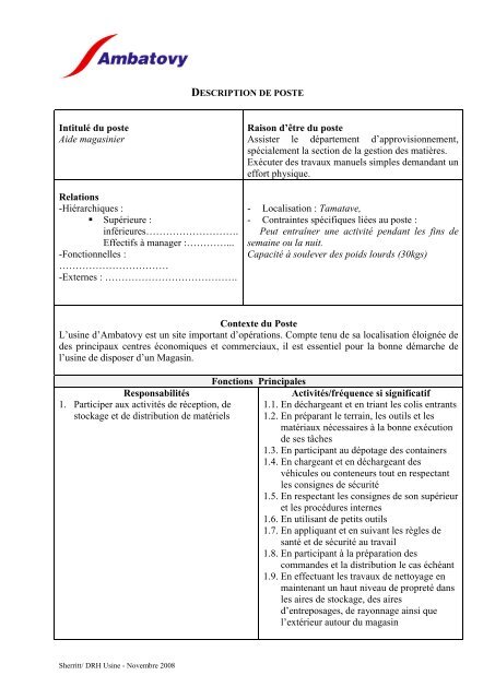 aide magasinier-SCM - Ambatovy